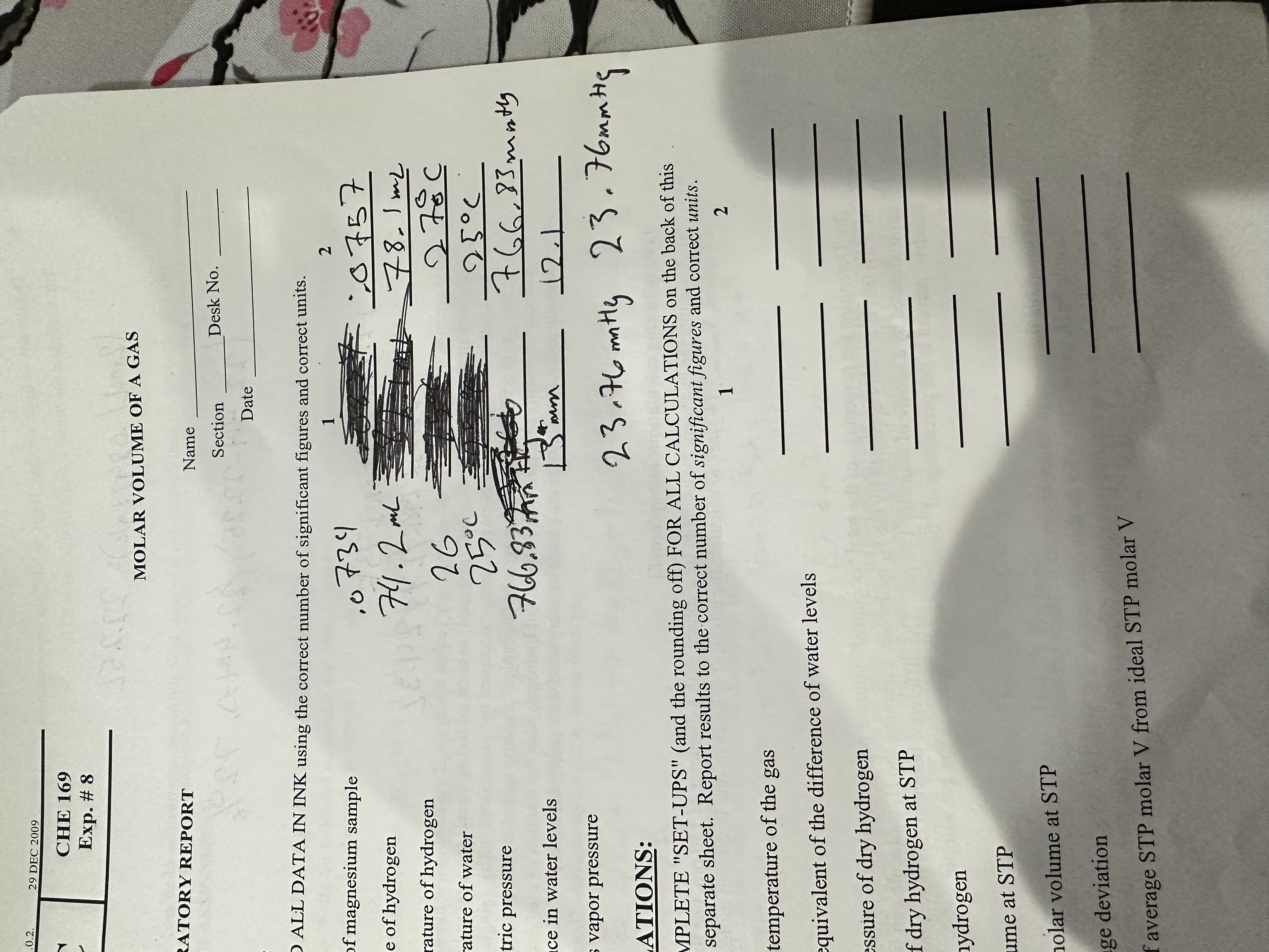 RATORY REPORT Name Section Desk No. Date ALL DATA IN | Chegg.com