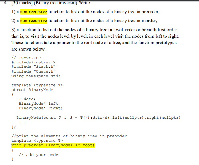 Solved marks (Binary tree traversal) Write 1) a | Chegg.com