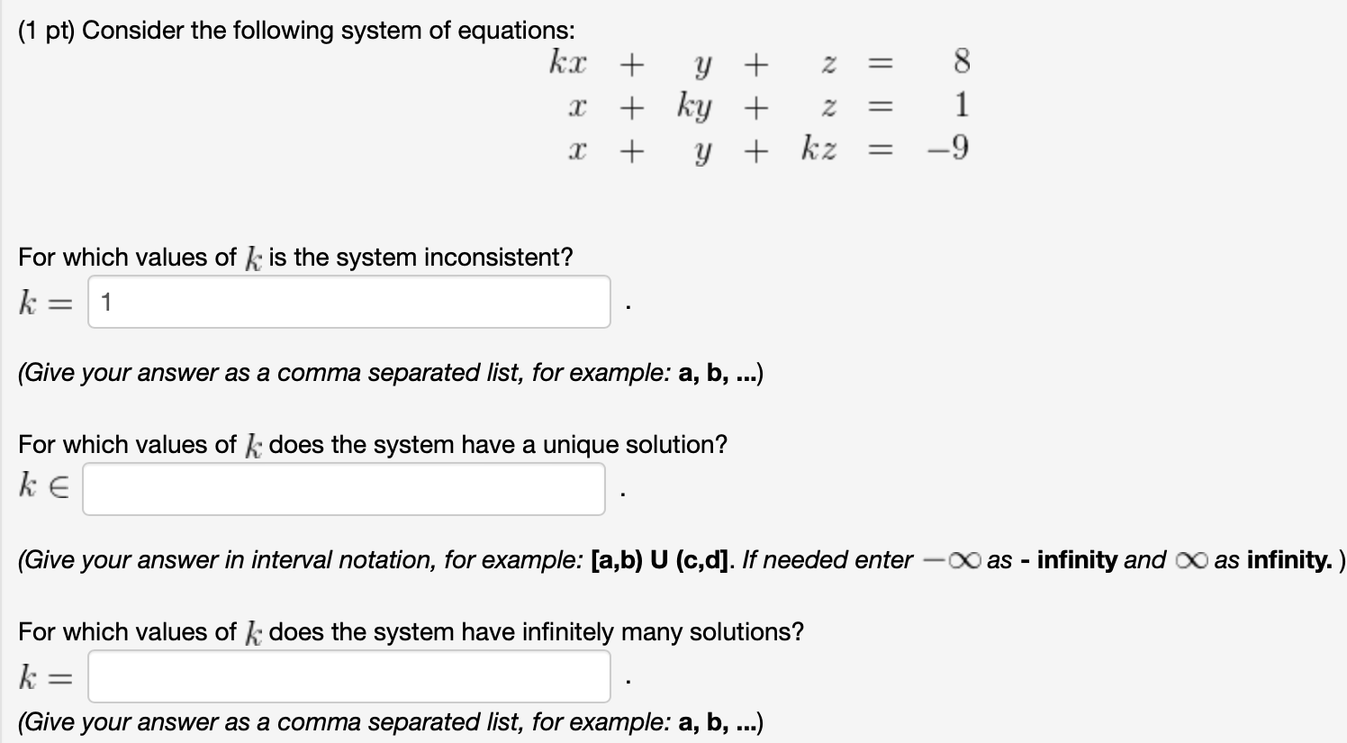 Solved (1 pt) Consider the following system of equations: | Chegg.com