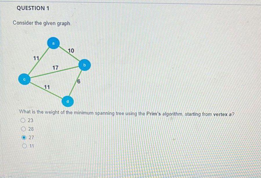 Solved QUESTION 1 Consider the given graph 10 11 b 17 6 11 | Chegg.com