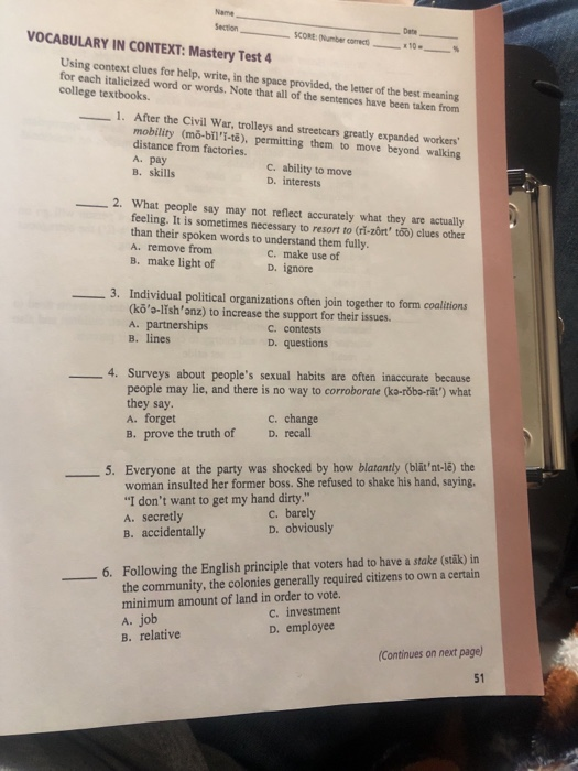 Name VOCABULARY IN CONTEXT: Mastery Test 4 Using | Chegg.com