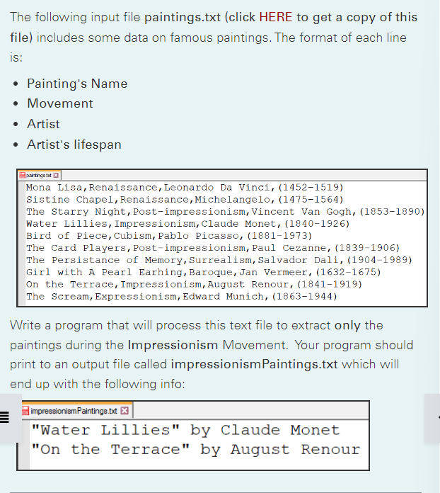 Solved The following input file paintings.txt (click HERE to | Chegg.com