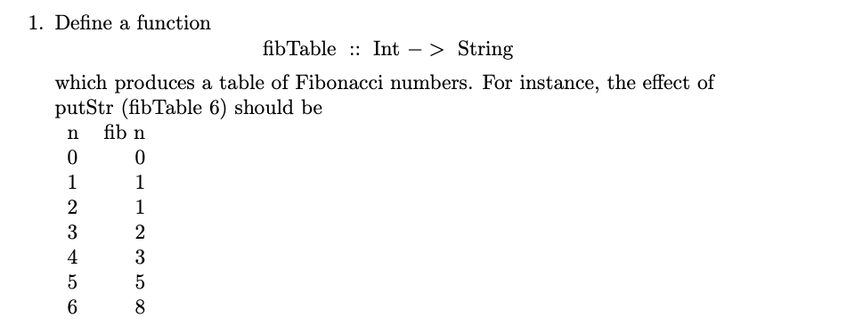 Solved 1. ﻿Define a functionfibTable :: Int \( -> \) | Chegg.com