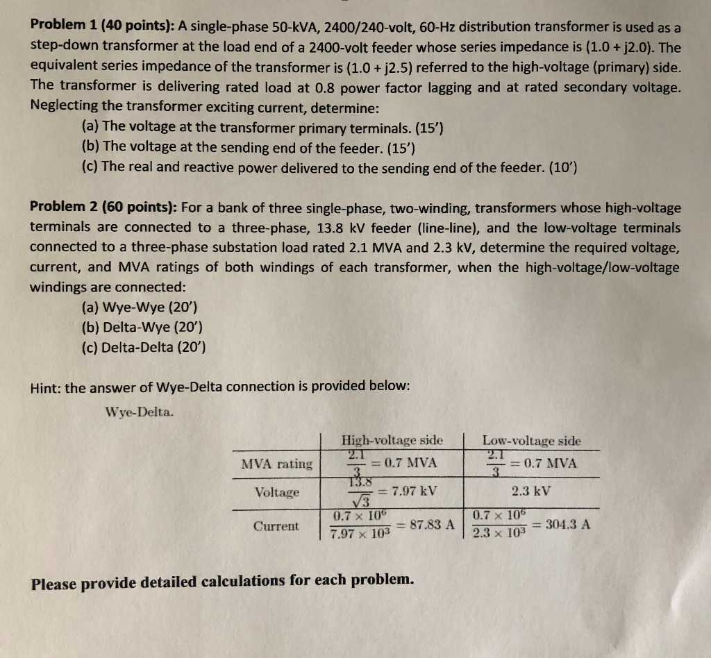 Solved Problem 1 (40 points): A single-phase 50-KVA, | Chegg.com