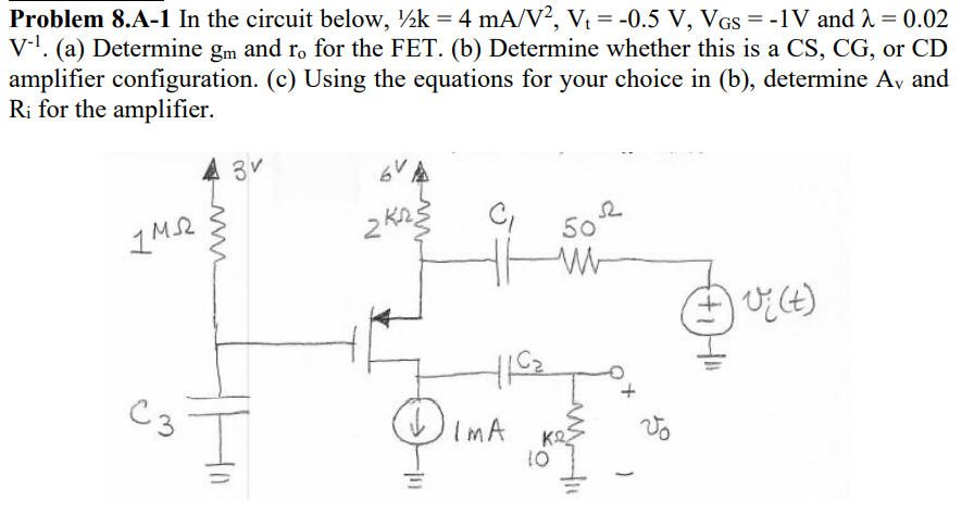 Solved Problem 8.A-1 In the circuit below, 1/2k=4 mA/V2, | Chegg.com