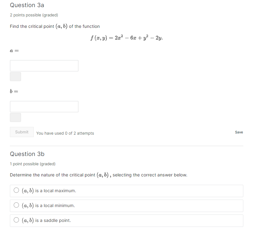 Solved Find the critical point (a,b) of the function | Chegg.com