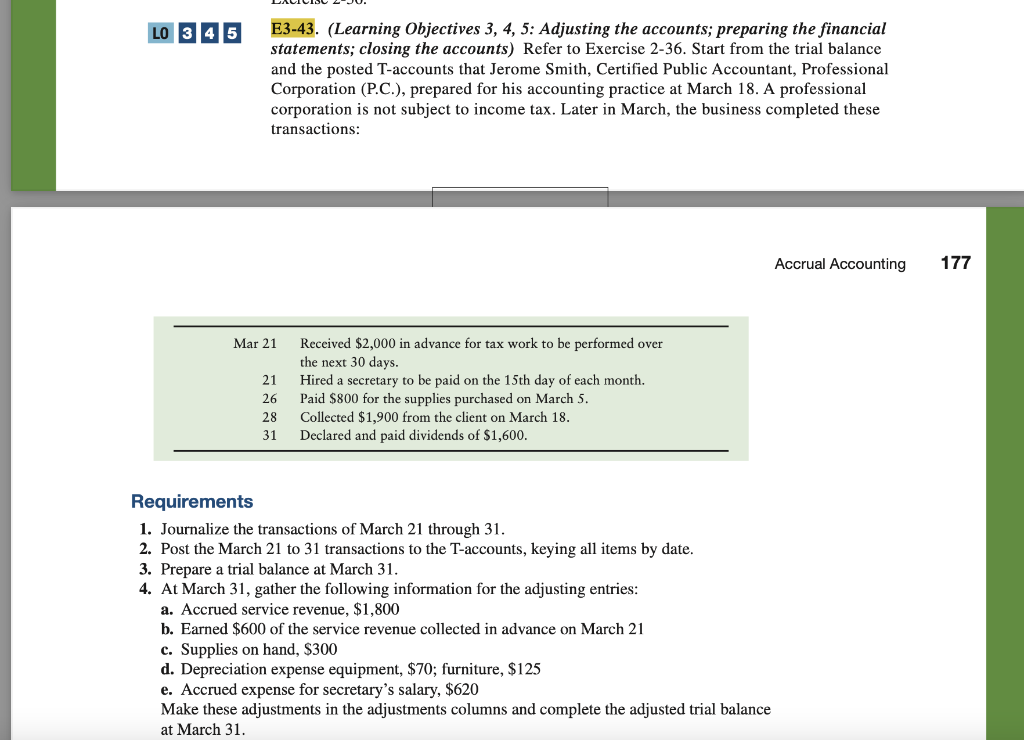 45 E3-43. (Learning Objectives 3, 4, 5: Adjusting the | Chegg.com
