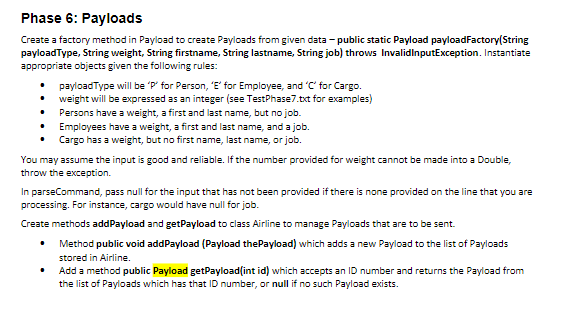 Solved Phase 6: Payloads Create a factory method in Payload | Chegg.com