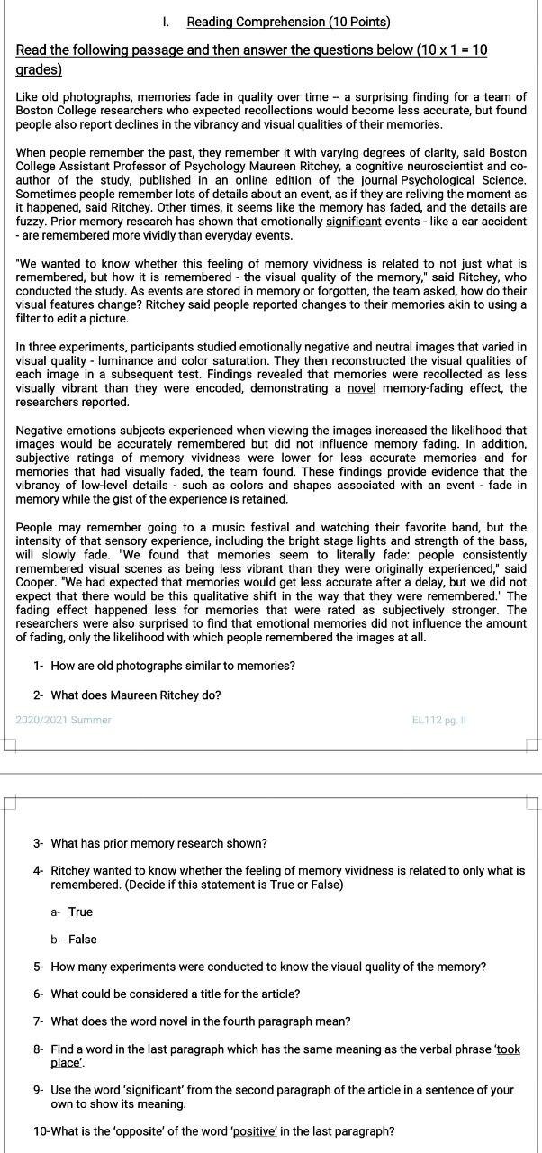 Read the passage below and decide whether the statements are TRUE or ...