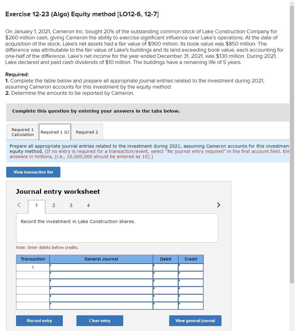 Solved Exercise 12-23 (Algo) Equity method [LO12-6, 12-7] On | Chegg.com