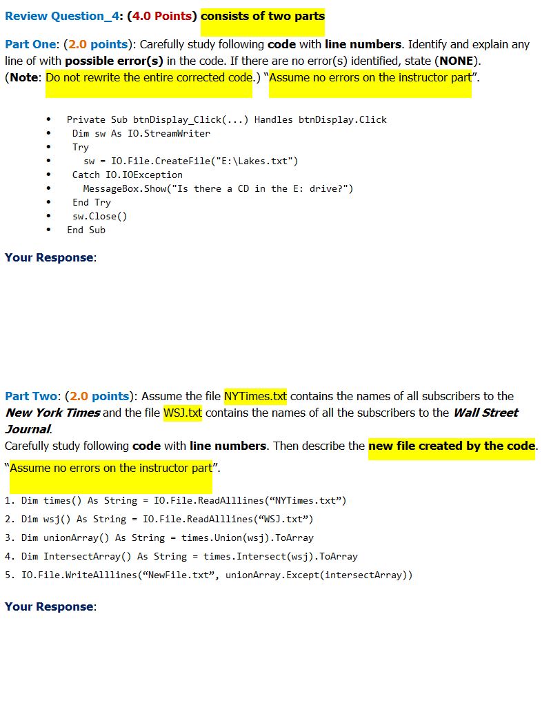 Solved Review Question_4: (4.0 Points) Part One: (2.0 | Chegg.com