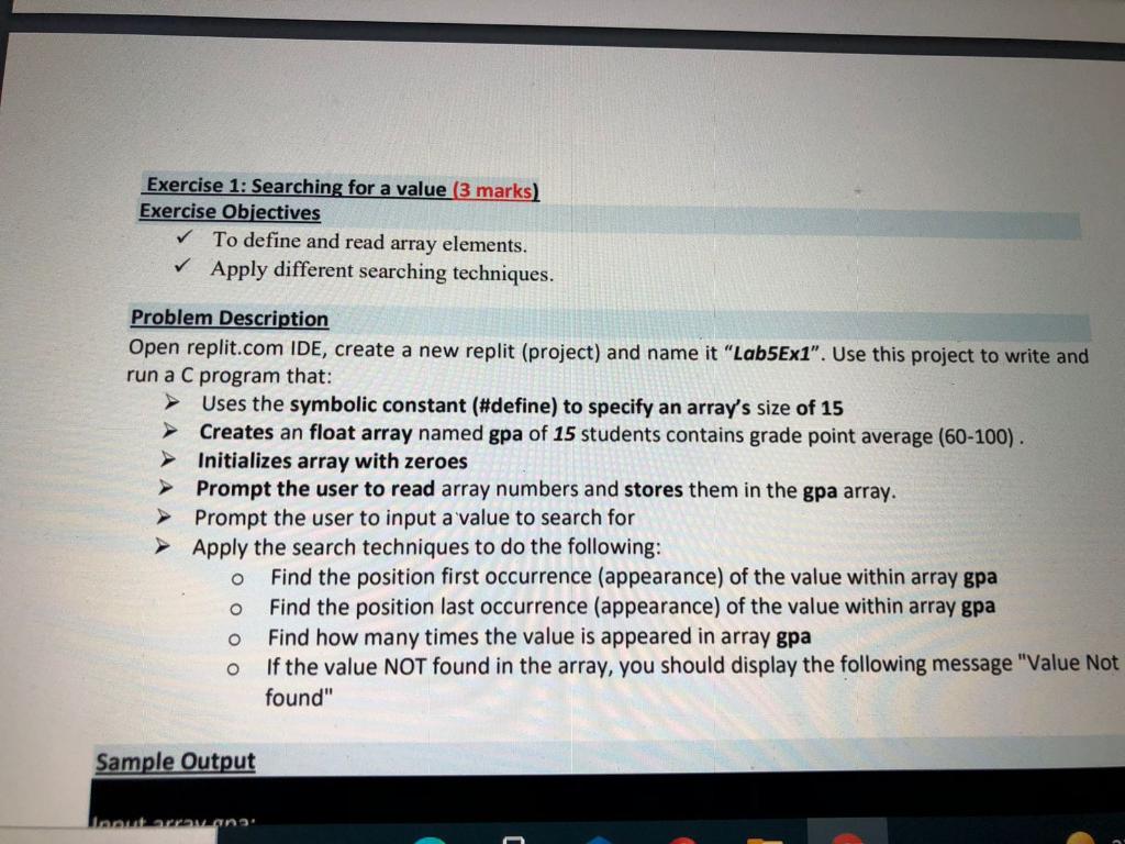 Solved Exercise 1: Searching for a value (3 marks) Exercise | Chegg.com