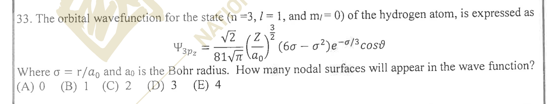 Solved 33. The orbital wavefunction for the state (n=3,l=1, | Chegg.com