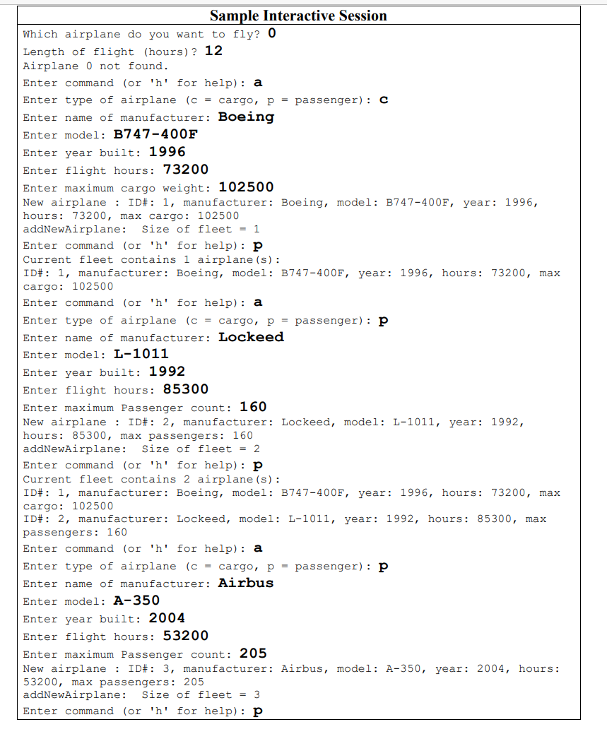 Solved Airplane Fleet Application Program This project | Chegg.com