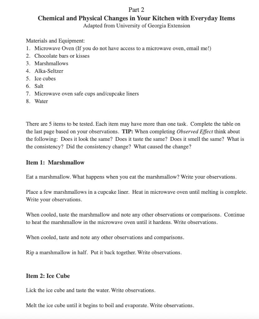 Solved Part 2 Chemical and Physical Changes in Your Kitchen | Chegg.com