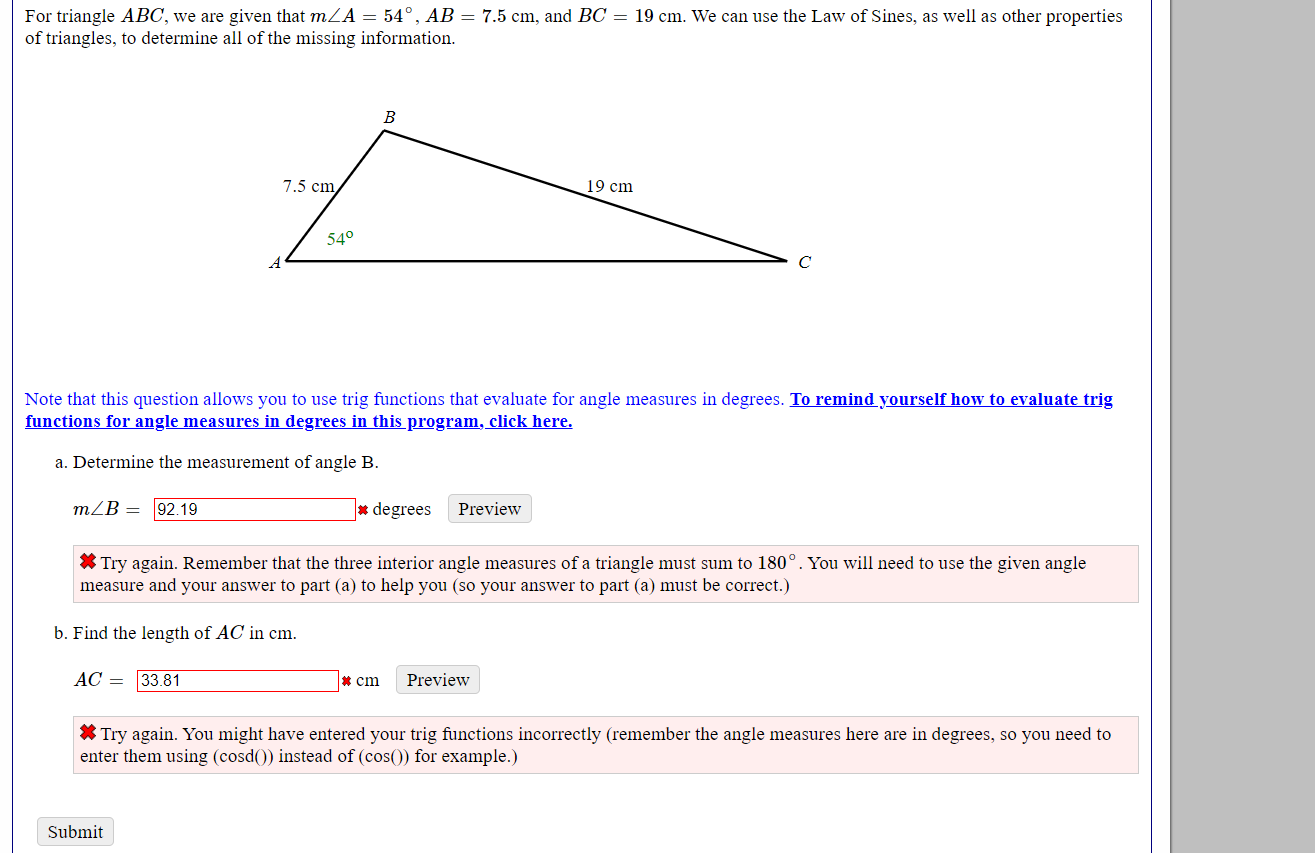 Solved For triangle ABC, we are given that m∠A=54∘,AB=7.5 | Chegg.com