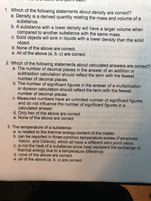 Solved 1 Which Of The Following Statements About Density