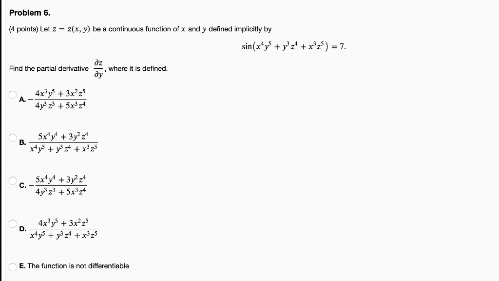 Solved Problem 6. (4 points) Let z = z(x, y) be a continuous | Chegg.com