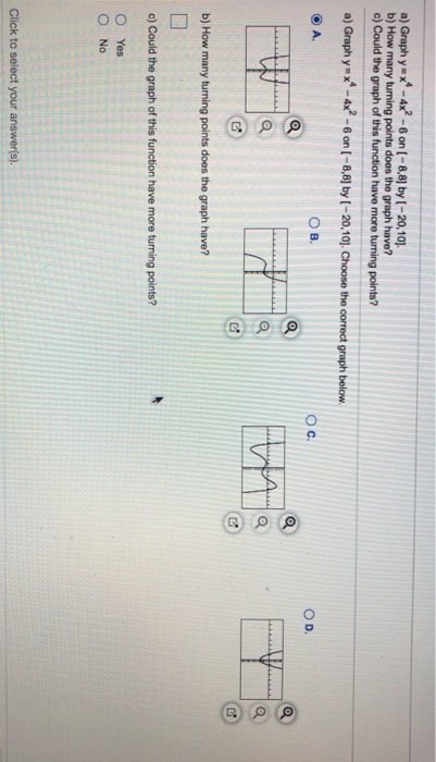Solved a)Graph y=x4-4x2 _ 6 on [-8,8] by [-20,10]. b) How | Chegg.com