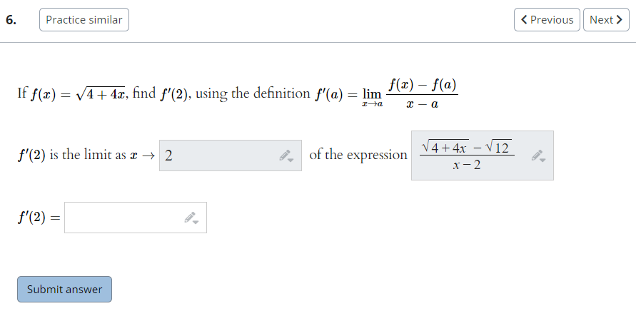 Solved If f(x)=4+4x, find f′(2), using the definition | Chegg.com