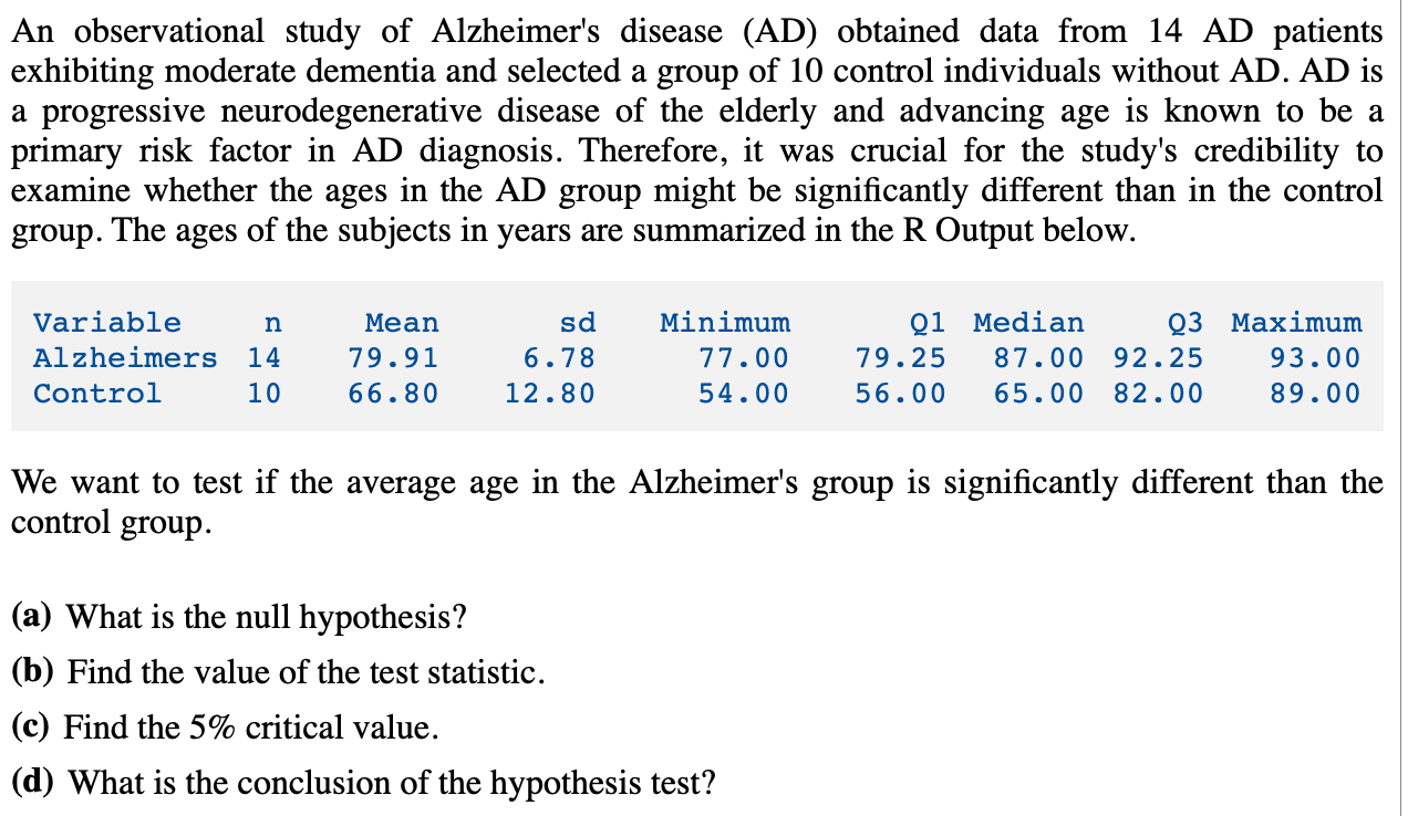 Solved An observational study of Alzheimer's disease (AD) | Chegg.com