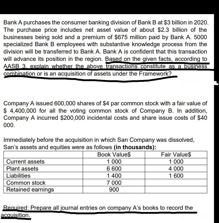 Solved Bank A purchases the consumer banking division of | Chegg.com