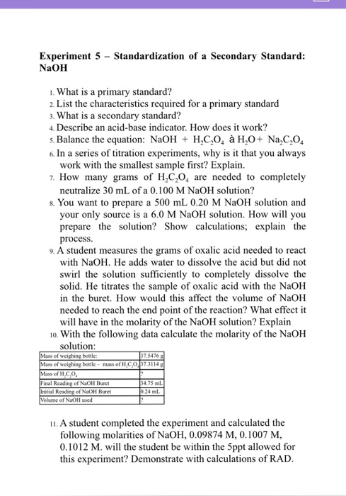 Solved Experiment 5 - Standardization of a Secondary | Chegg.com