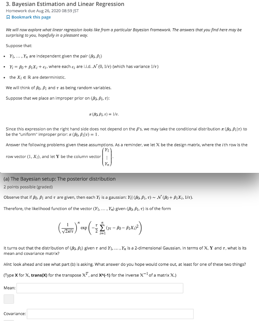 Solved 3. Bayesian Estimation and Linear Regression Homework | Chegg.com