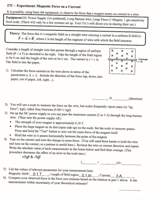 Solved 27C-Experiment: Magnetic Force on a Current It is | Chegg.com