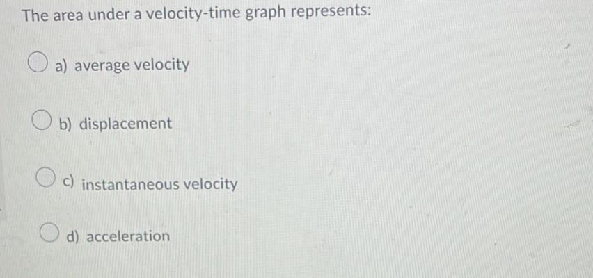 Solved The area under a velocity-time graph represents: a) | Chegg.com