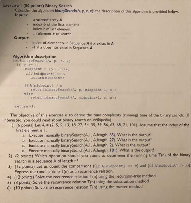 Solved Exercise I (50 points) Binary Search Consider the | Chegg.com