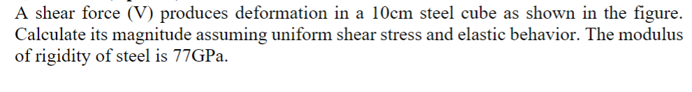 Solved A shear force (V) produces deformation in a 10 cm | Chegg.com
