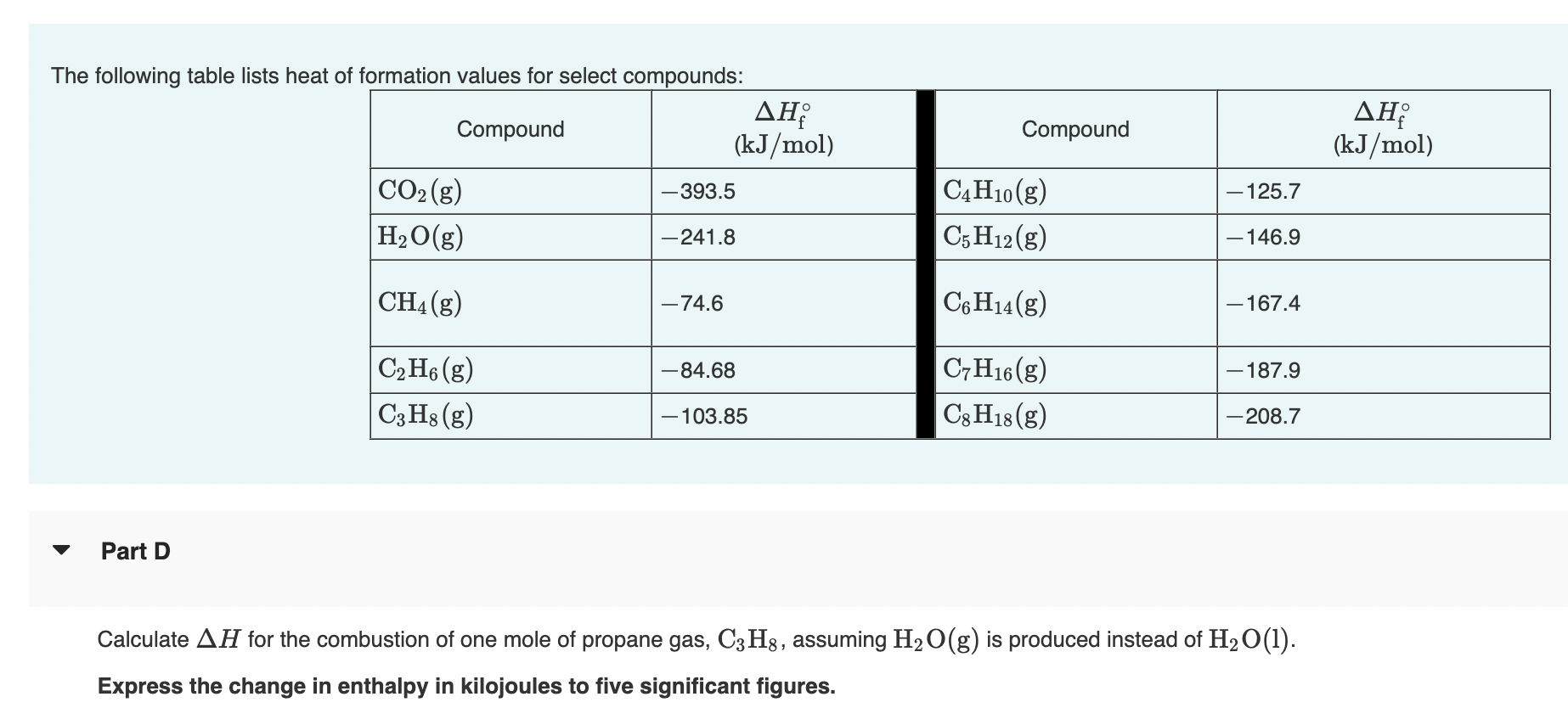 Solved The following table lists heat of formation values | Chegg.com