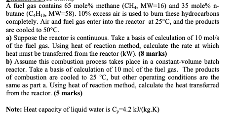 Solved A fuel gas contains 65 mole% methane (CH4, MW=16) and | Chegg.com