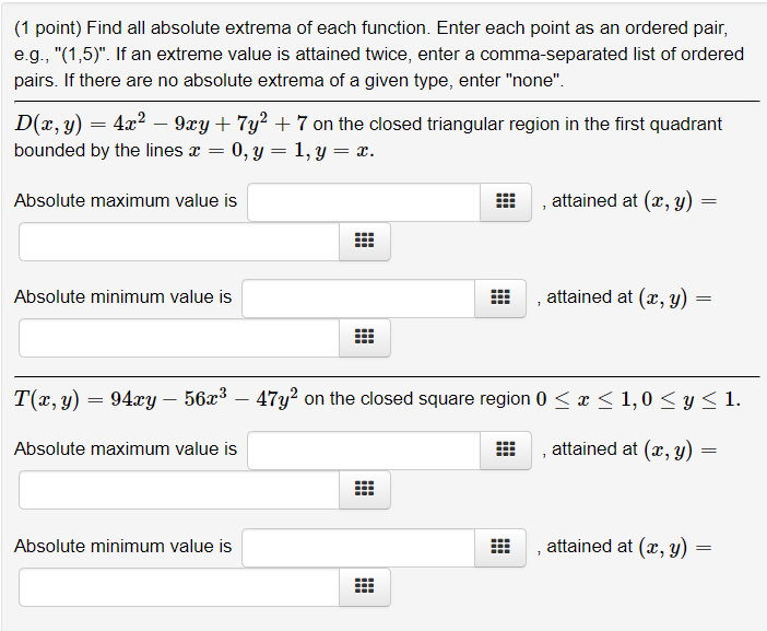 Solved (1 point) Find all absolute extrema of each function. | Chegg.com