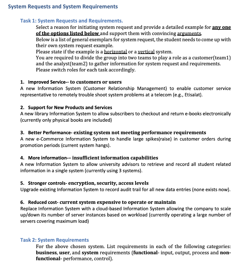 Solved System Requests and System Requirements Task 1: | Chegg.com