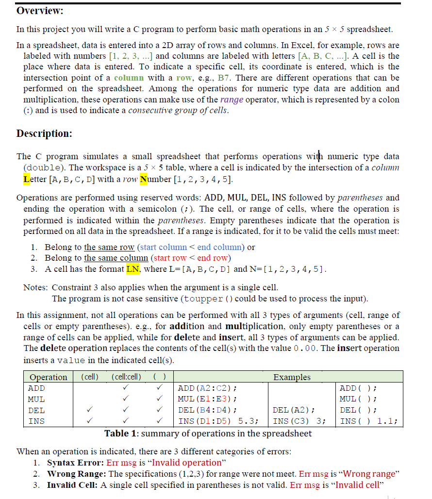 Overview: In this project you will write a C program | Chegg.com