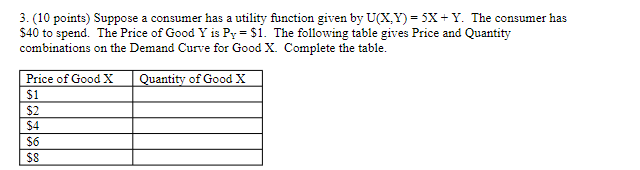 Solved 3. (10 points) Suppose a consumer has a utility | Chegg.com