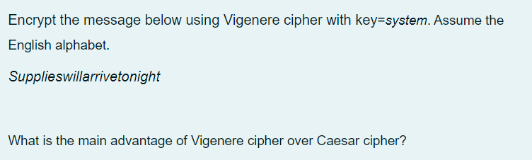 Solved Encrypt the message below using Vigenere cipher with | Chegg.com