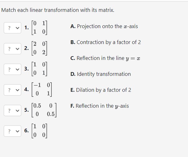 Solved Match each linear transformation with its matrix. 1. | Chegg.com