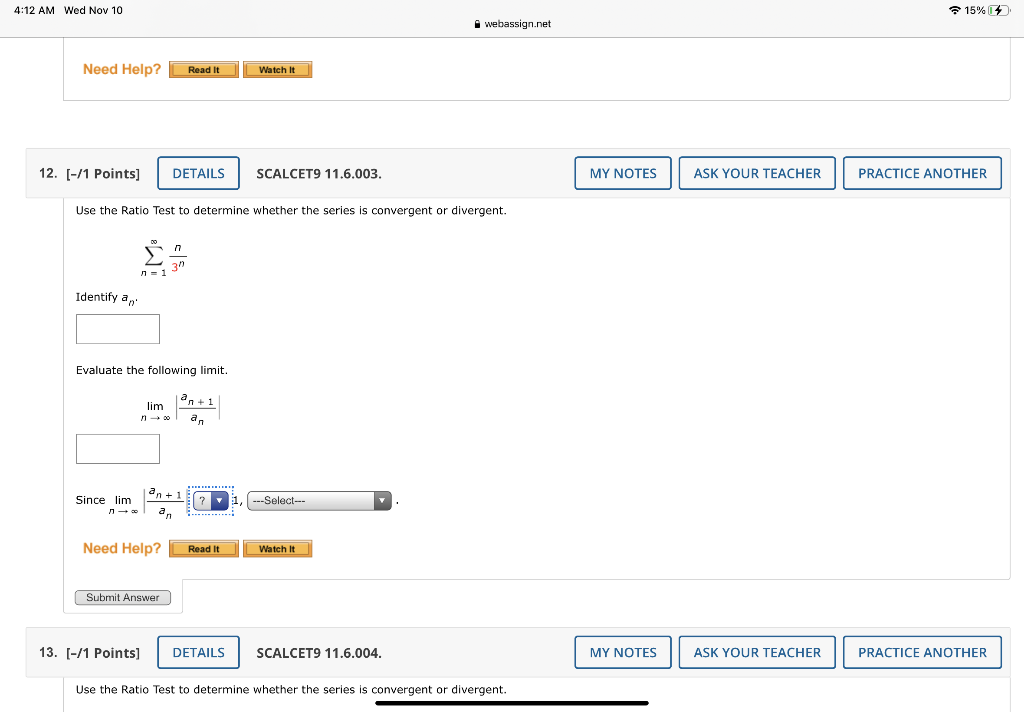 Solved 4:12 AM Wed Nov 10 15% webassign.net Need Help? Read | Chegg.com