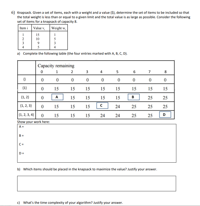 Solved 6) Knapsack. Given a set of items, each with a weight | Chegg.com