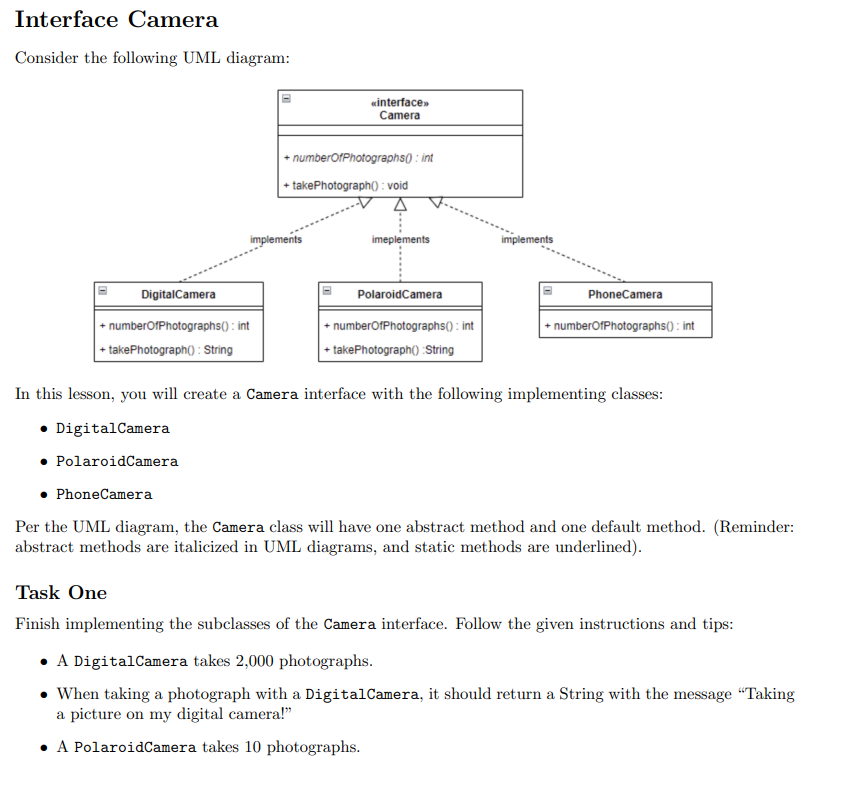 Solved Interface Camera Consider the following UML diagram: | Chegg.com