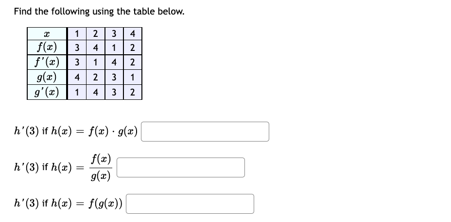 Solved Find the following using the table below. 2 3 3 1 4 2 | Chegg.com