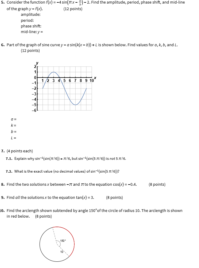 Solved 5. Consider the function f(x) = -4 sin ix-)-2. Find | Chegg.com