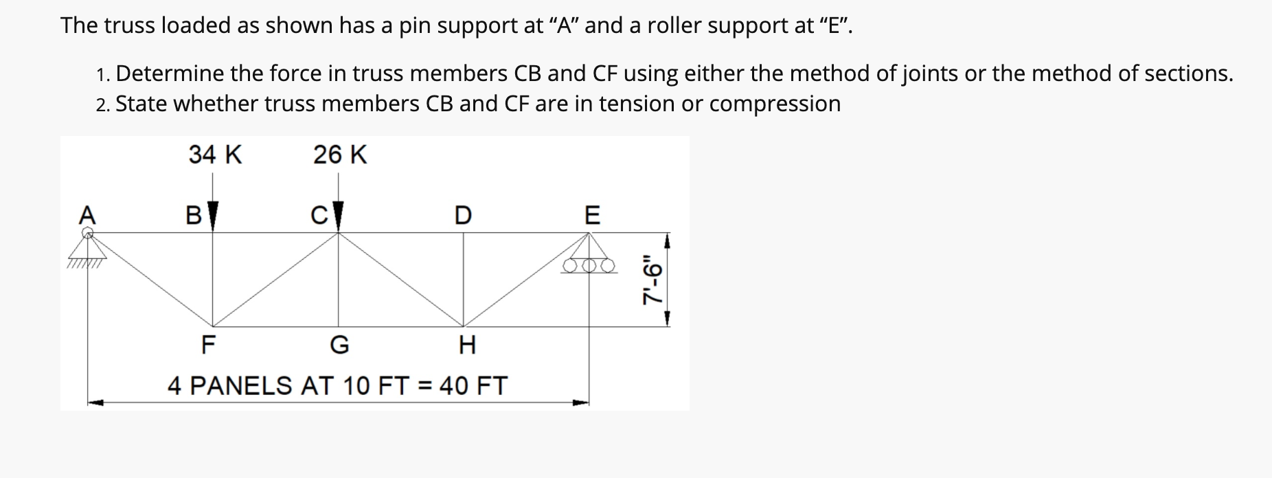 Solved The truss loaded as shown has a pin support at “A” | Chegg.com