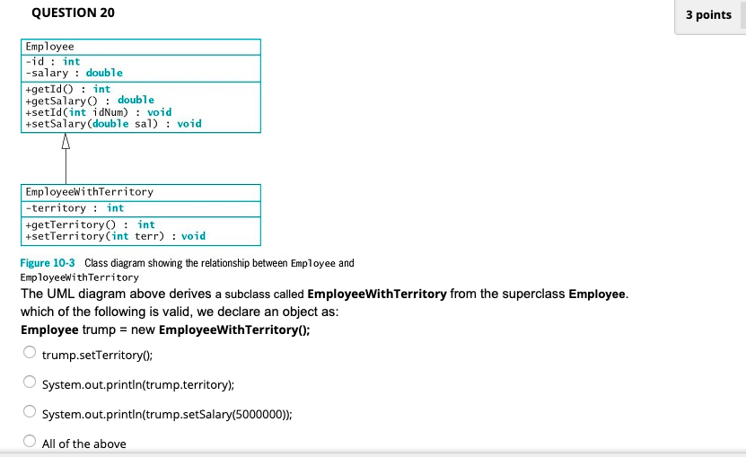 Solved QUESTION 20 3 points Employee -id int -salary: double | Chegg.com