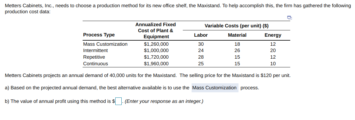 Solved Metters Cabinets, Inc., needs to choose a production | Chegg.com
