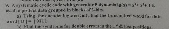 Solved 9. A systematic cyclic code with generator Polynomial | Chegg.com