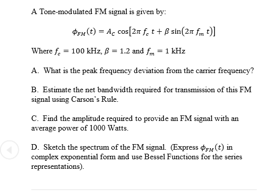 Solved A Tone-modulated FM signal is given by Ac cos[2n f. t | Chegg.com